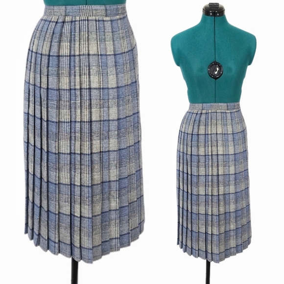 Vintage | Skirts | 95s Pleated Skirt 50s Vintage Plaid Midi Wool Blue ...